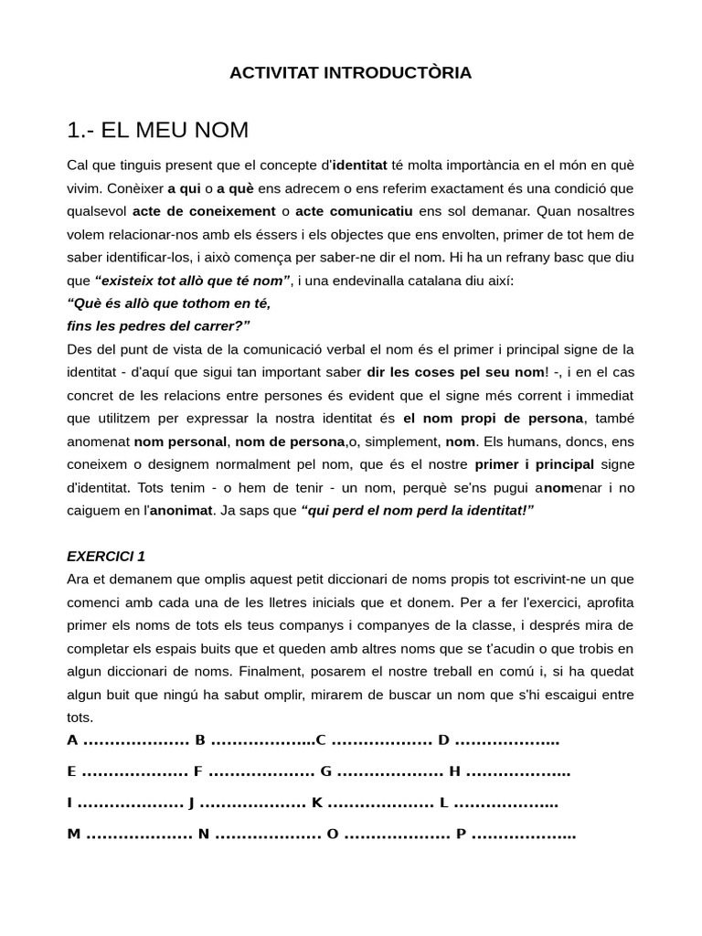 Activitat Introductòria. El Meu Nom (VD) | PDF