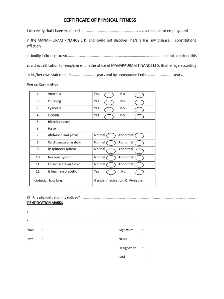Physical Fitness Certificate | PDF