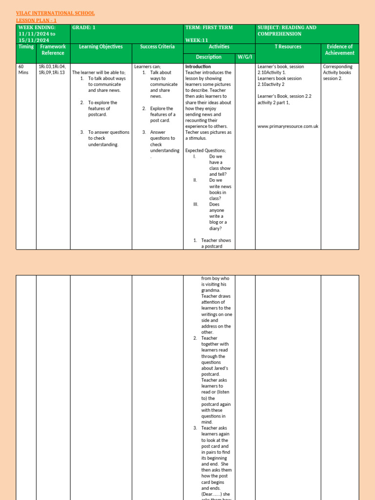 Grade 1 Weekly Lesson Plans Overview | PDF | Plural | Noun