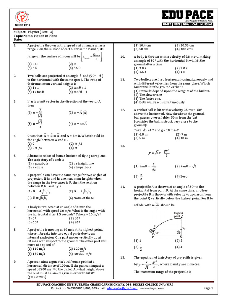 11TH-MED-PHYSICS - T-3-Motion in Plane - 31640872 | PDF | Projectiles | Mechanical Engineering