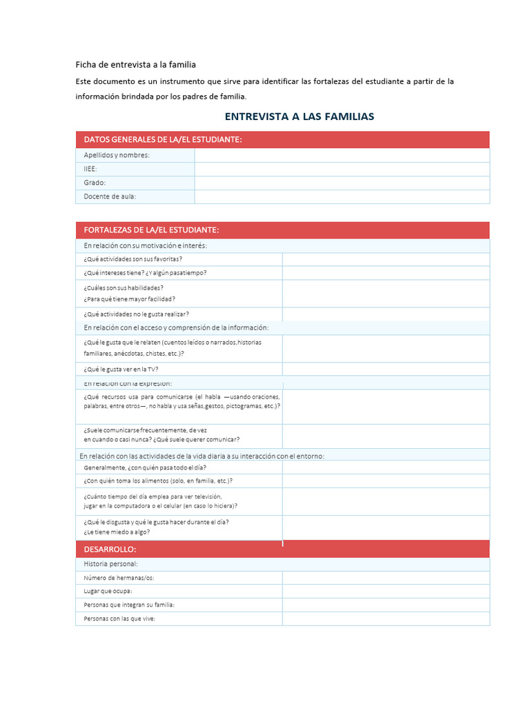 Ficha de Entrevista A La Familia | PDF | Educación de la primera ...