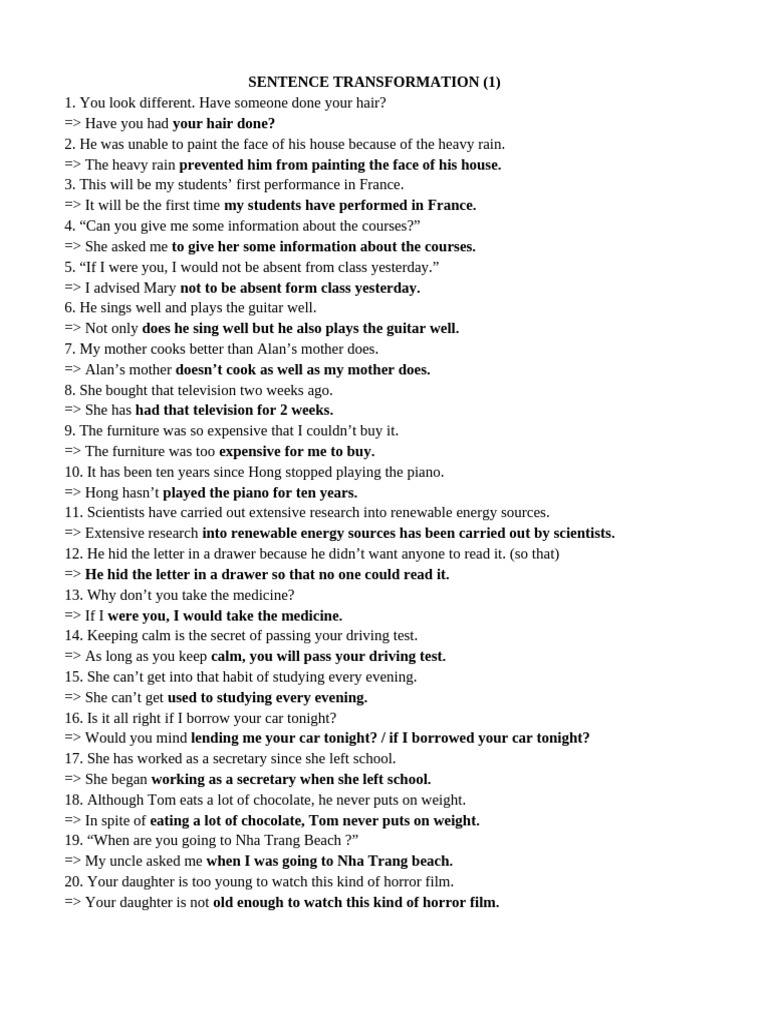 Sentence Transformations Practice | PDF