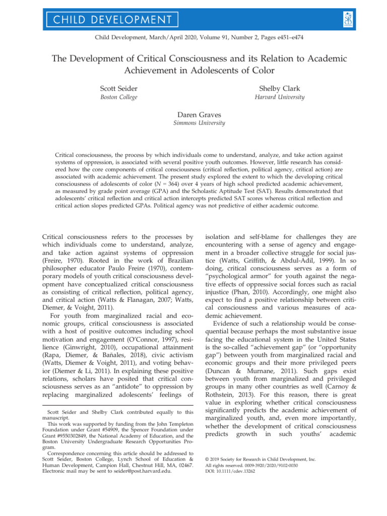The Development of Critical Consciousness and Its Relation To Academic ...