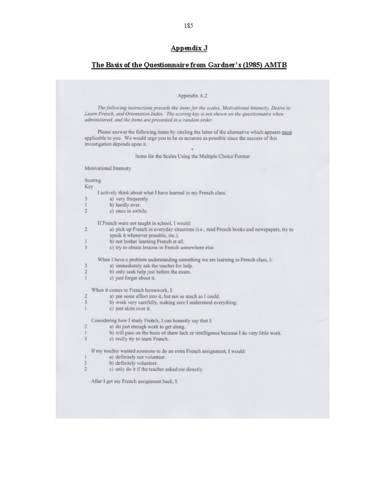 The Basis of The Questionnaire From Gardner's (1985) AMTB | PDF