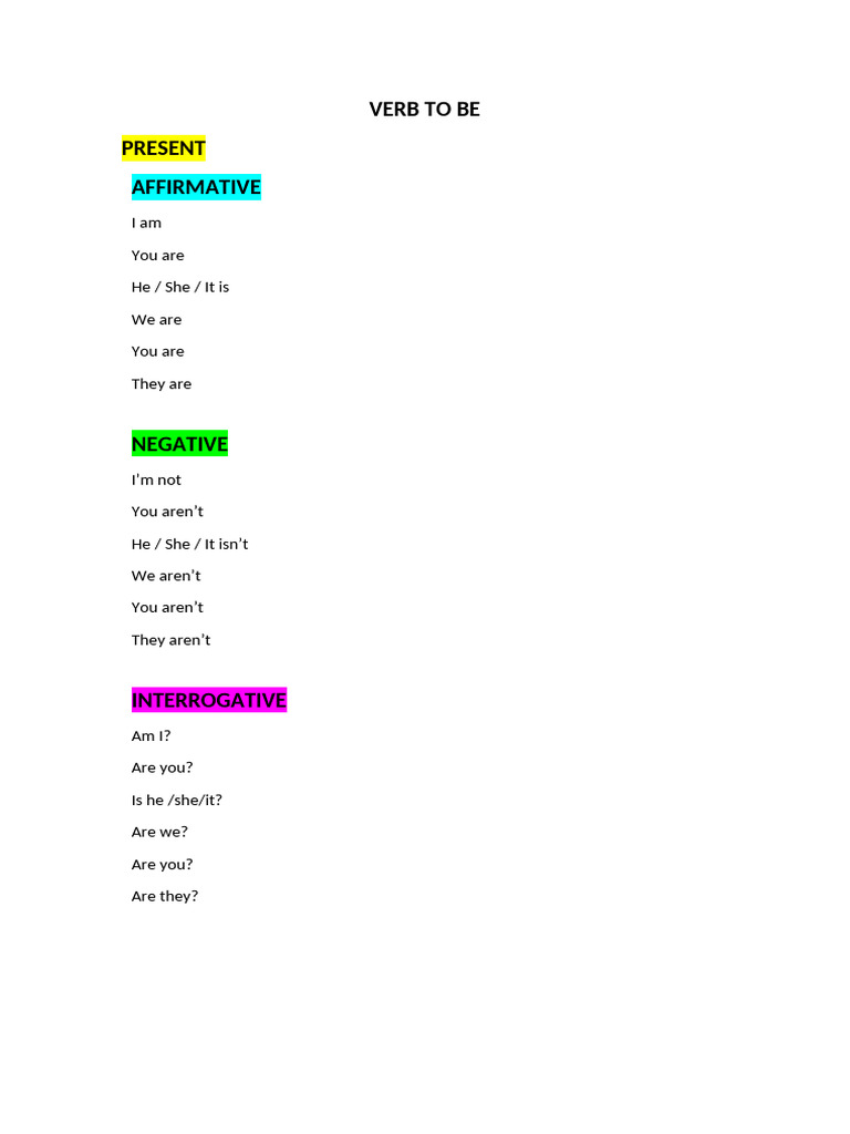 Verb To Be - Present and Past - Rules | PDF