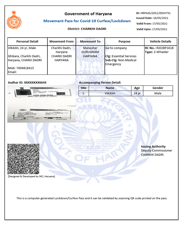 Haryana Covid-19 Movement Pass | PDF
