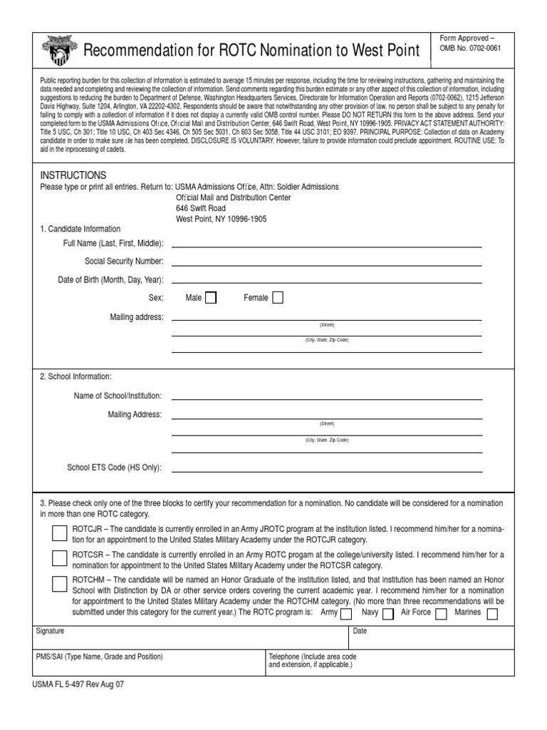ROTC Nomination Form 5-497 | PDF | United States Military Academy ...