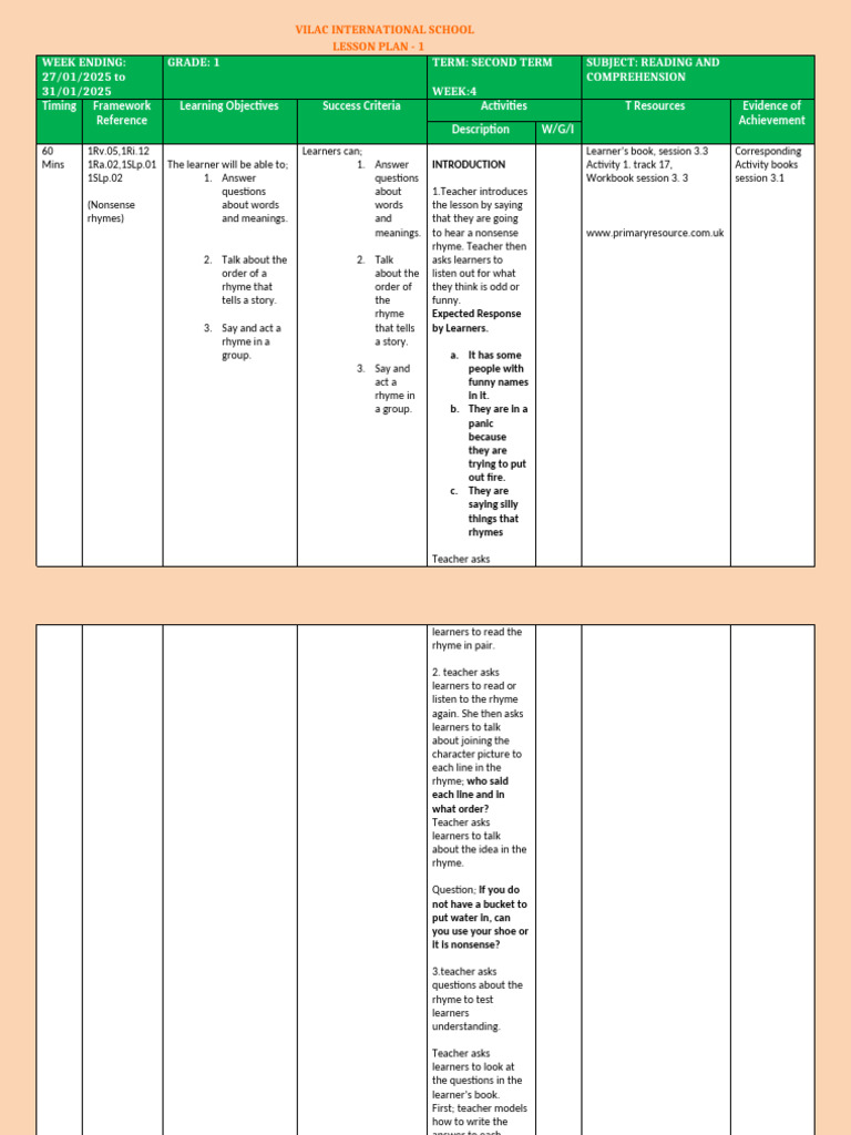 lesson note week 3 Second term | PDF | Phonics | Lesson Plan