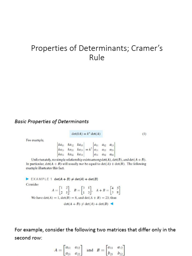 Properties of Determinants Cramer's Rule | PDF
