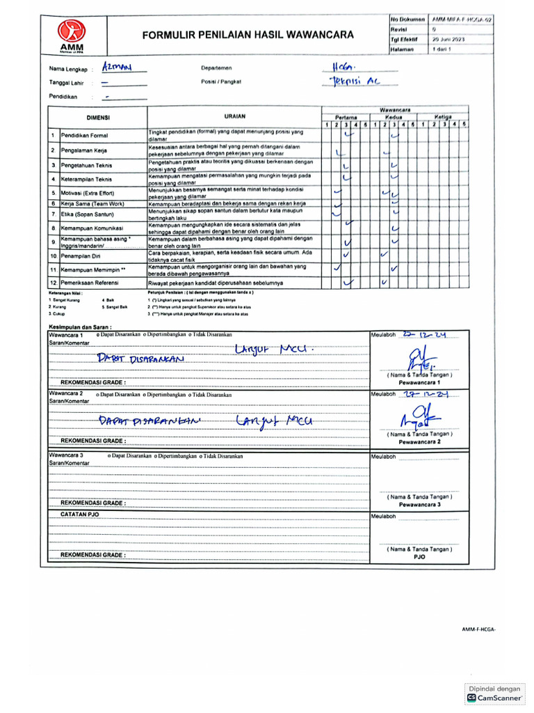 Formulir Penilaian Hasil Wawancara | PDF