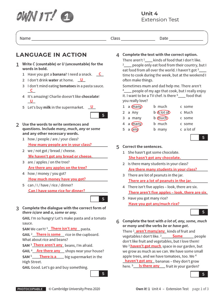 Unit4 Extension Test With Answers | PDF | Foods | Lunch