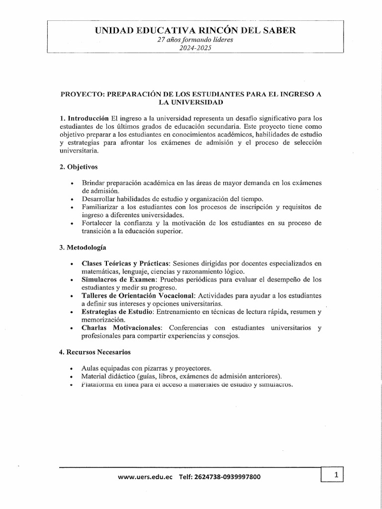 Proyecto Ingreso A La U | PDF
