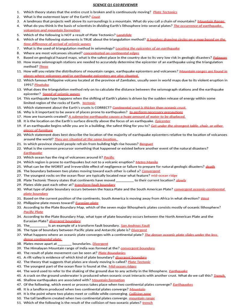 Science q1 g10 Reviewer | PDF | Plate Tectonics | Geology