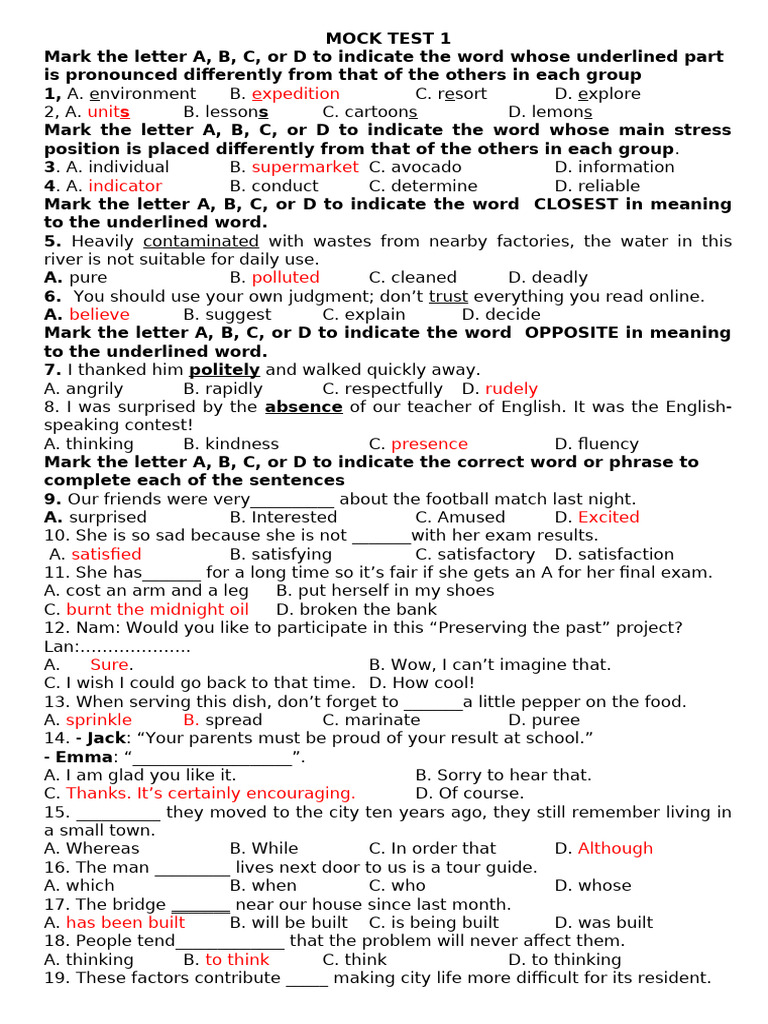 English Language Mock Test 1 | PDF | Job Interview | Adolescence