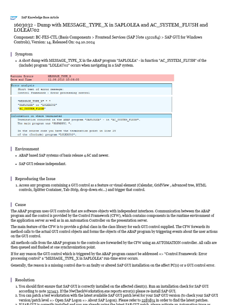 Dump With MESSAGE - TYPE - X in SAPLOLEA and AC - SYSTEM - FLUSH and Loleau02 | PDF | Graphical ...