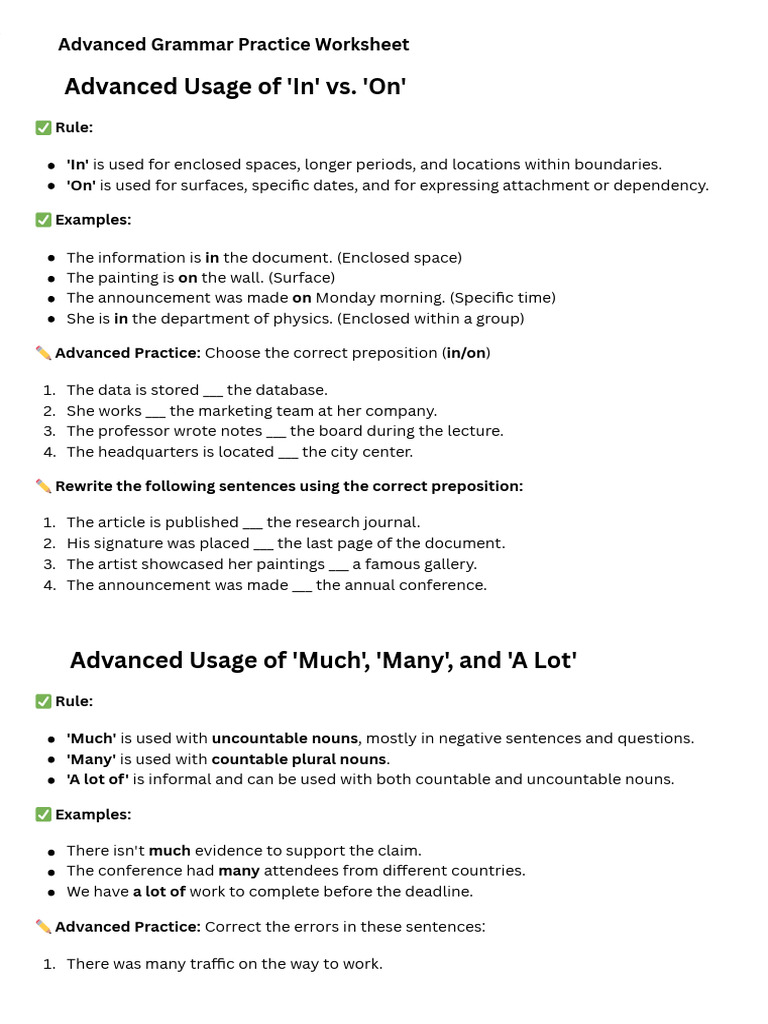 Advanced Grammar Prepositions & Quantifiers Worksheet | PDF | Noun ...