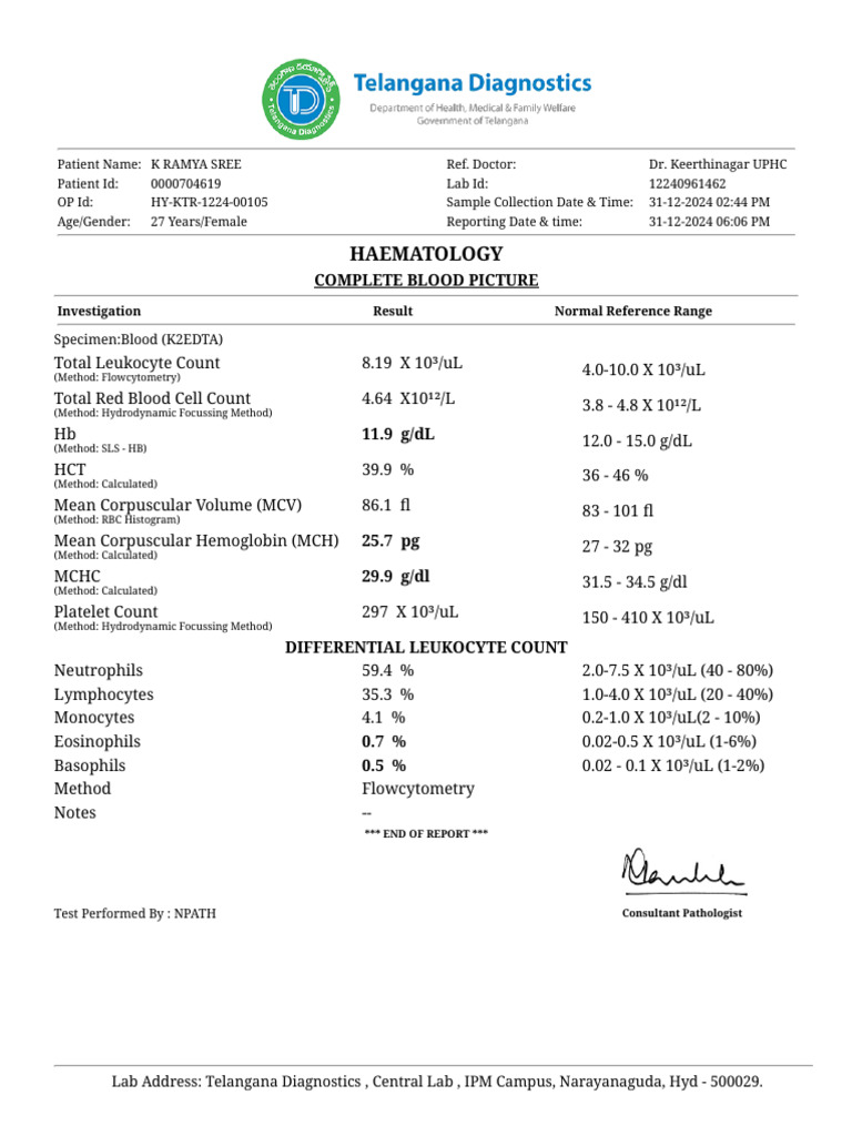 Tdiagnostics - Telangana.gov - in Ramya Sree Kodam | PDF | Vitamin B12 | Anemia