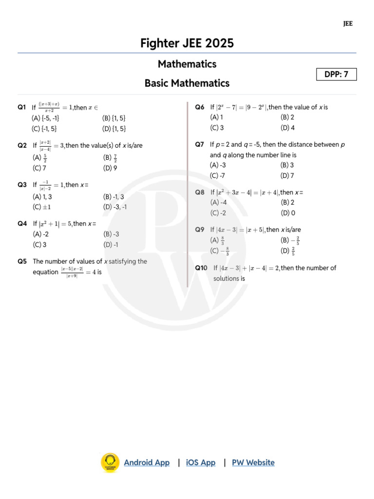 Basic Mathematics DPP 07 Fighter JEE 2025 | PDF