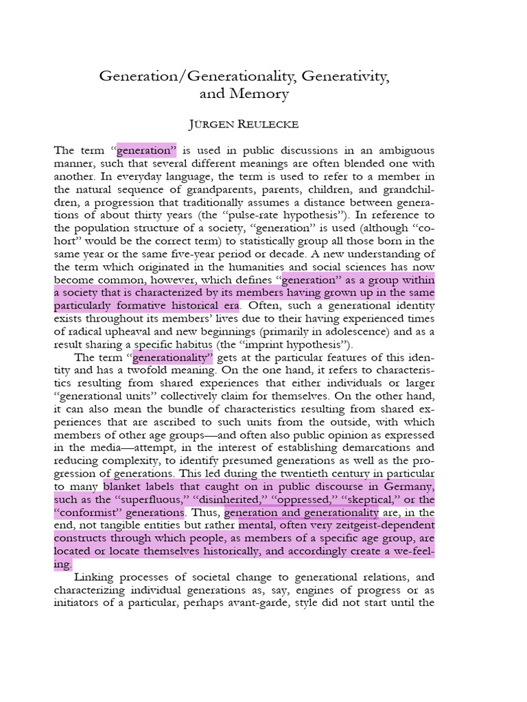 Jürgen Reulecke. GenerationGenerationality, Generetivity and Memory | PDF | Experience ...