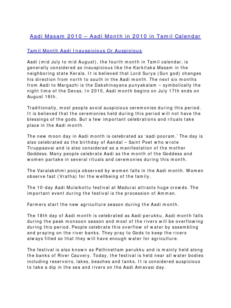 About Aadi Month in Tamil Calender | PDF | Indian Religions | Religion ...