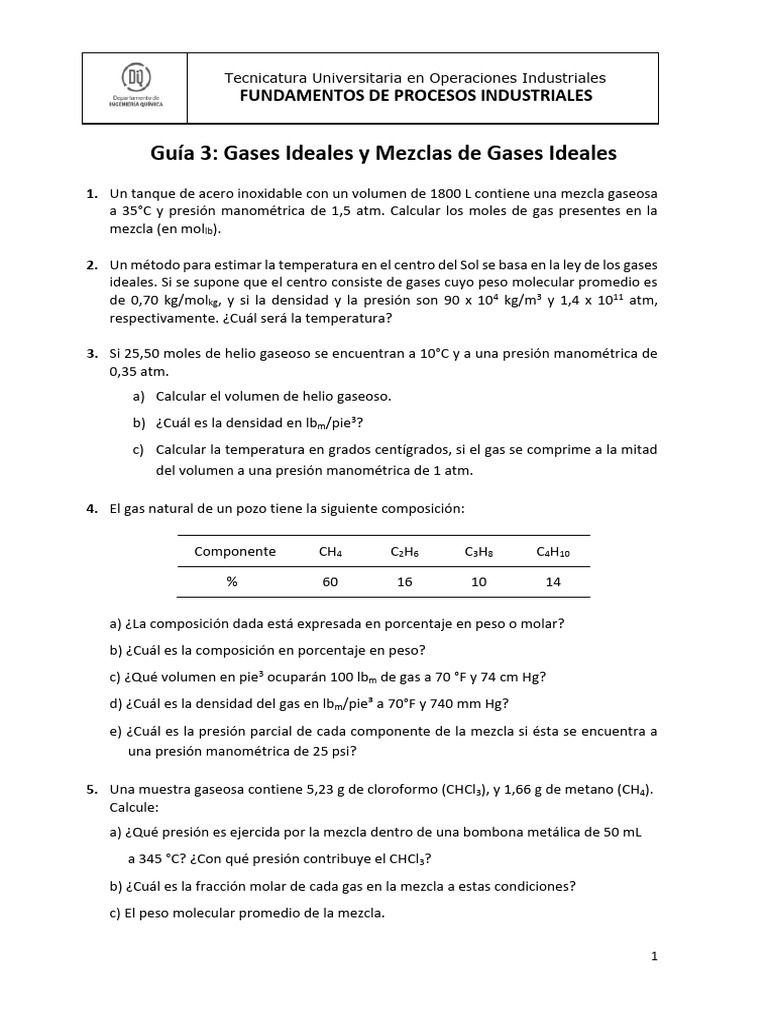 Guía de Problemas 3 | PDF | Gases | Presión