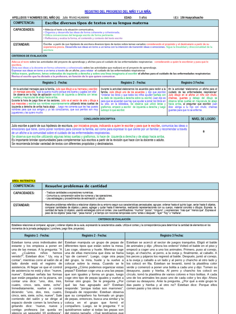 Registro Del Progreso Del Niño y La Niña Ejemplo Okk | PDF | Escritura