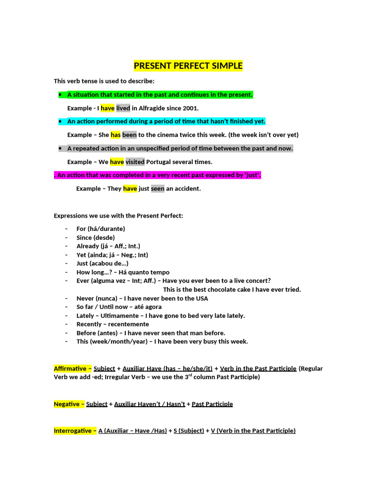 PRESENT PERFECT - Rules | PDF