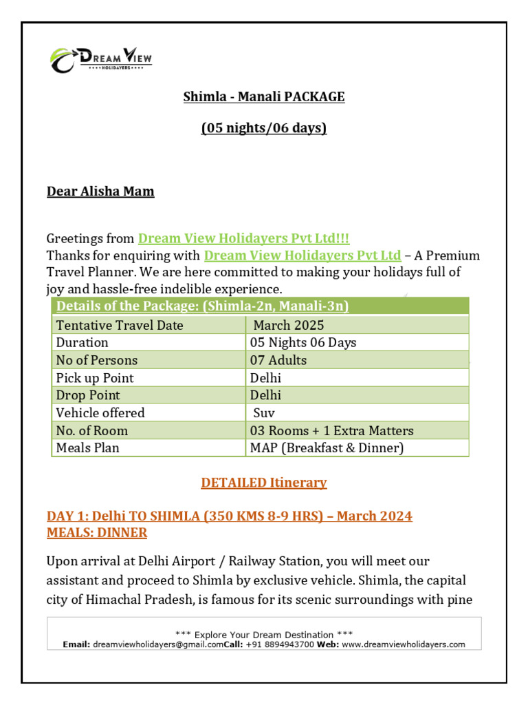 Dear Alisha Mam- 05 Nights 06 Days Shimla Manali Tour Package.. (1) | PDF