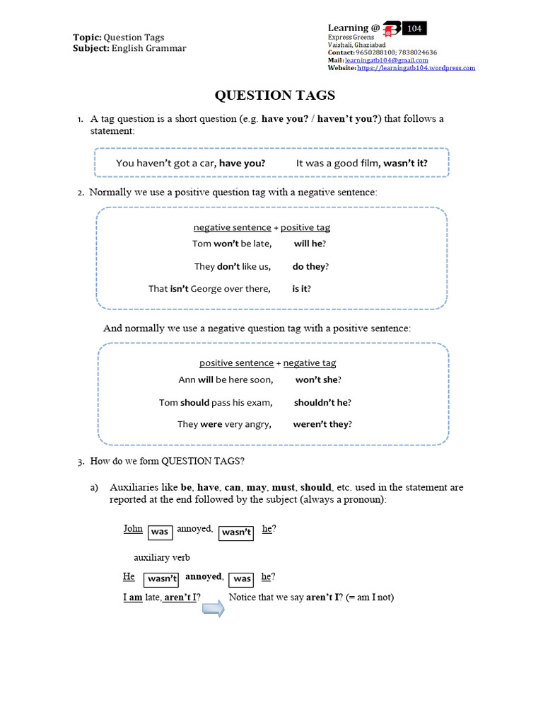 question-tags-rules (1) | PDF | Subject (Grammar) | English Grammar
