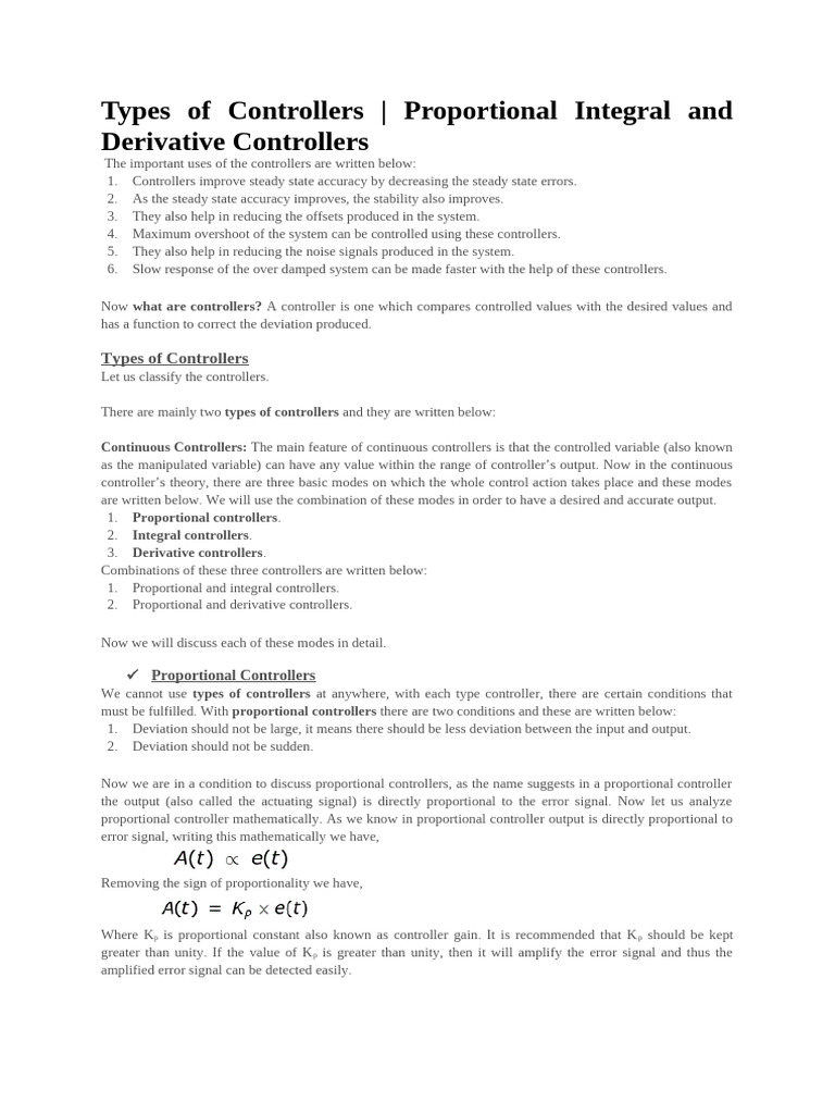 Types of Controllers Proportional Integral and Derivative Controllers | PDF | Control Theory ...