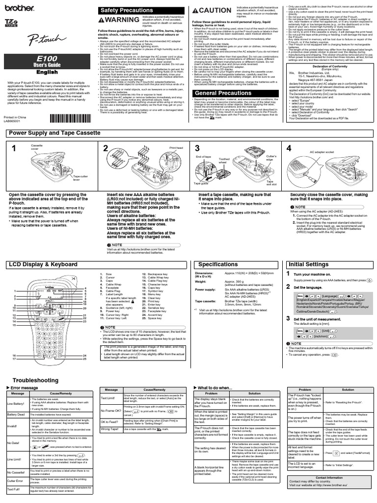 Brother PT-E100 label printer instructions | PDF | Ac Power Plugs And ...