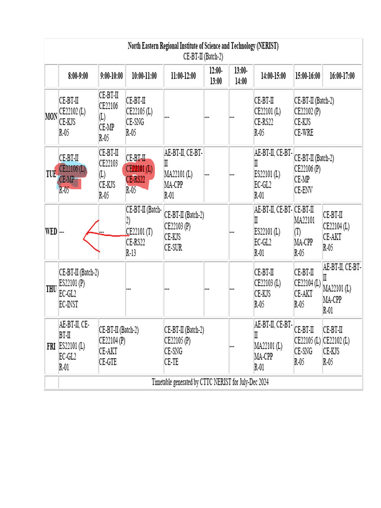 NERIST CE-BT-II Batch 2 Timetable 2024 | PDF