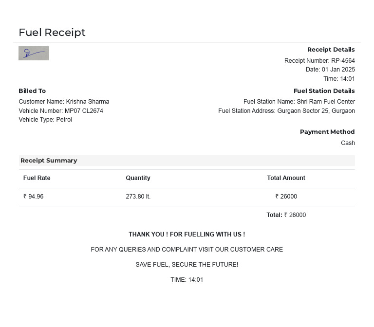 Fuel Receipt for Krishna Sharma | PDF