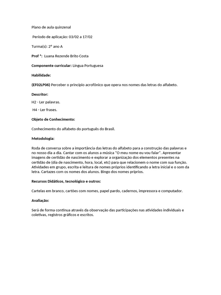 Plano de Aula Quinzenal 2025 | PDF | Ginástica | Pedagogia