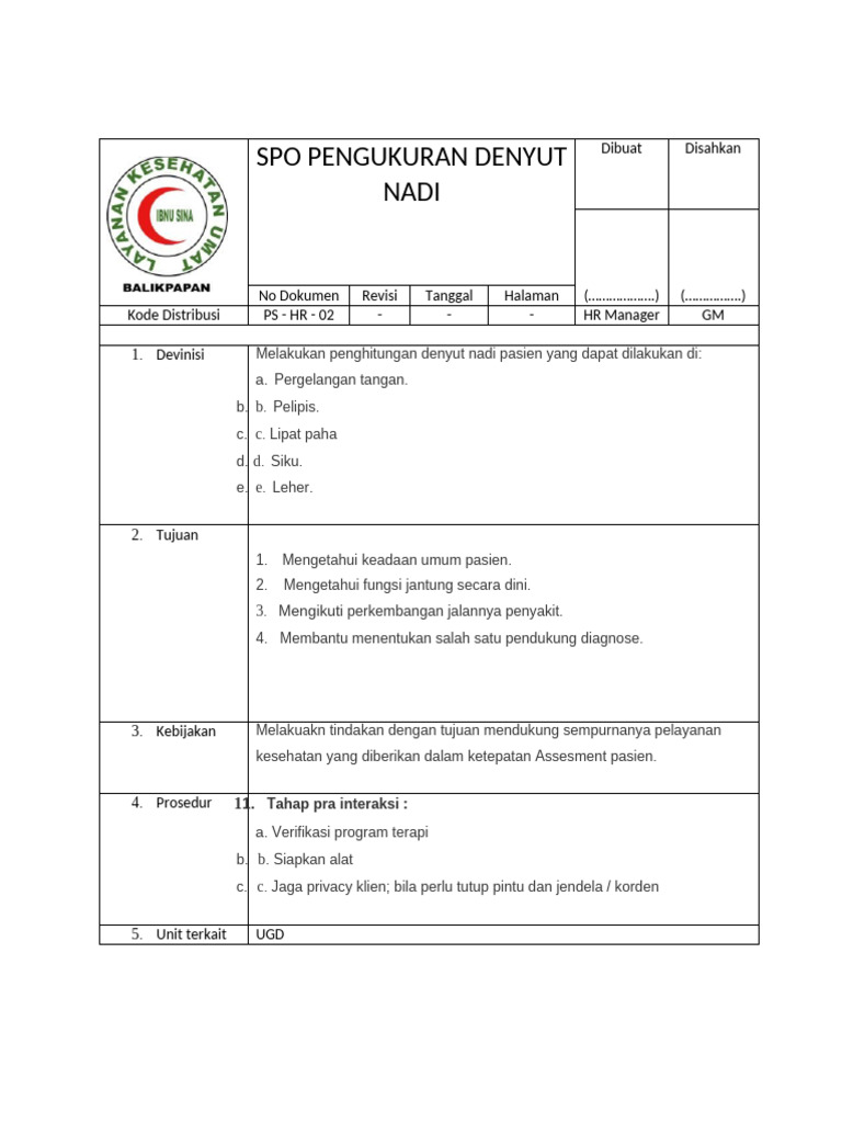 Prosedur Pengukuran Denyut Nadi Pasien | PDF