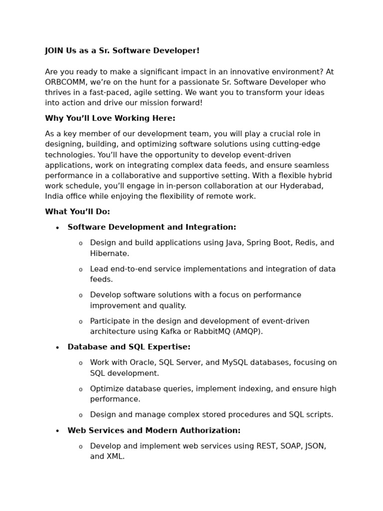 Sr. Software Developer-JD | PDF | Web Service | Databases