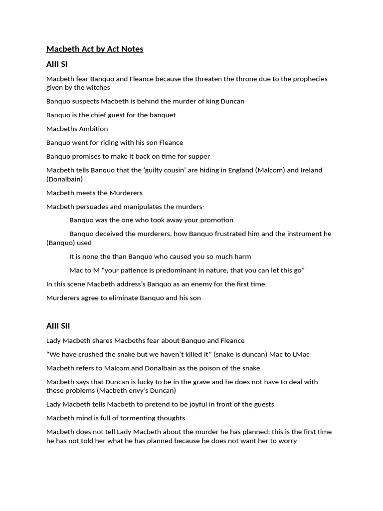 Macbeth Act by Act Notes | PDF