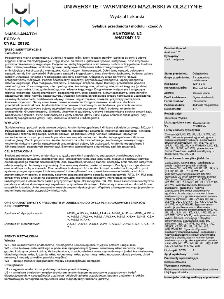 Sylabus - Lekarski PL - Semestr Zimowy - 2019 - 2020 | PDF