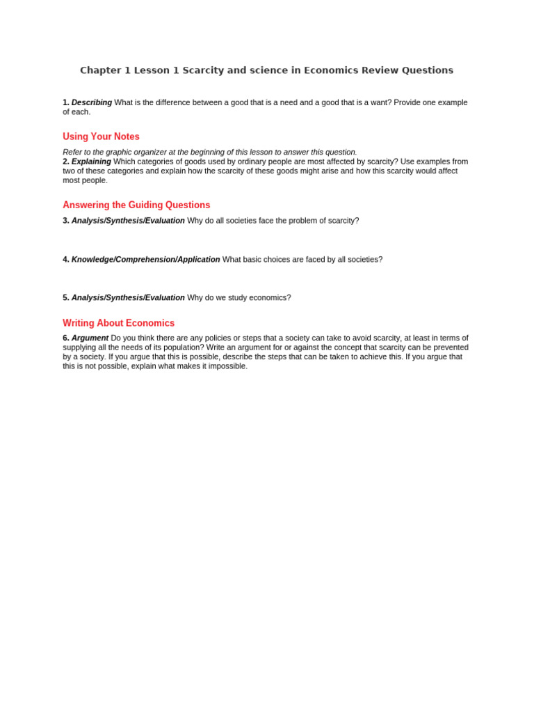 Chapter 1 Lesson 1 Scarcity and Science in Economics Review Questions | PDF