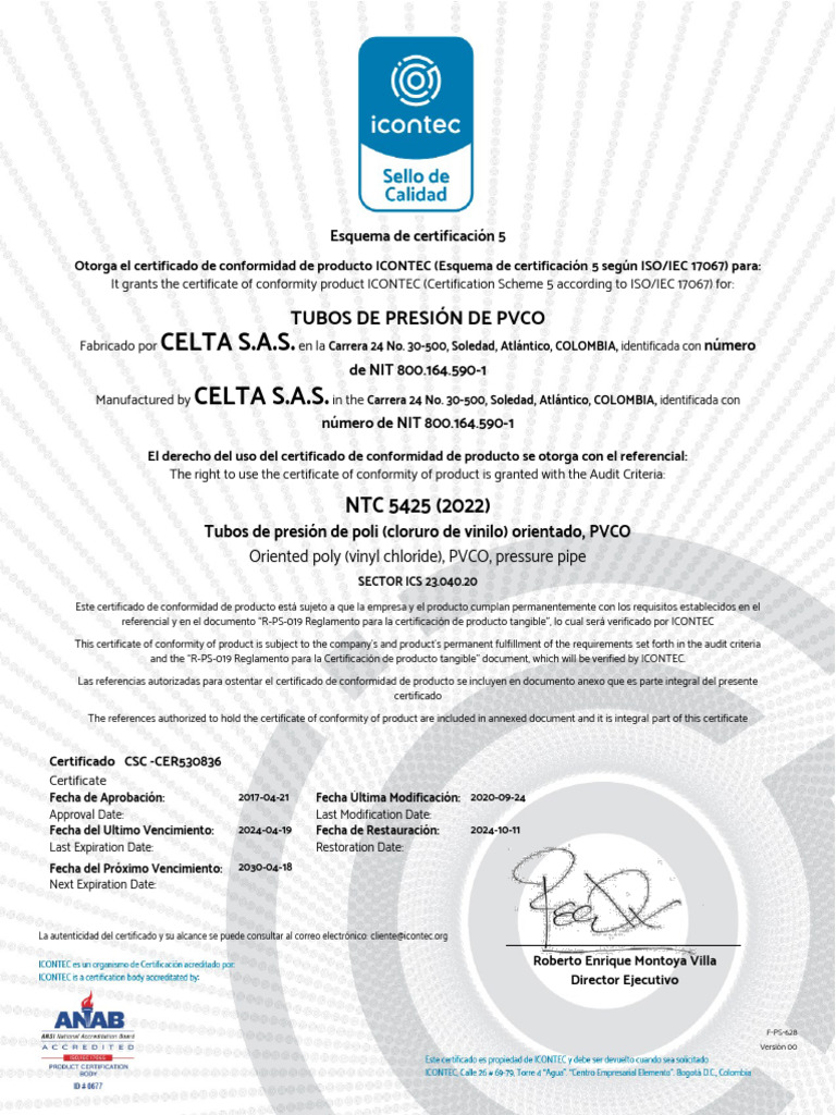 Cert. NTC 5425 Tubos Presion Pvco | PDF