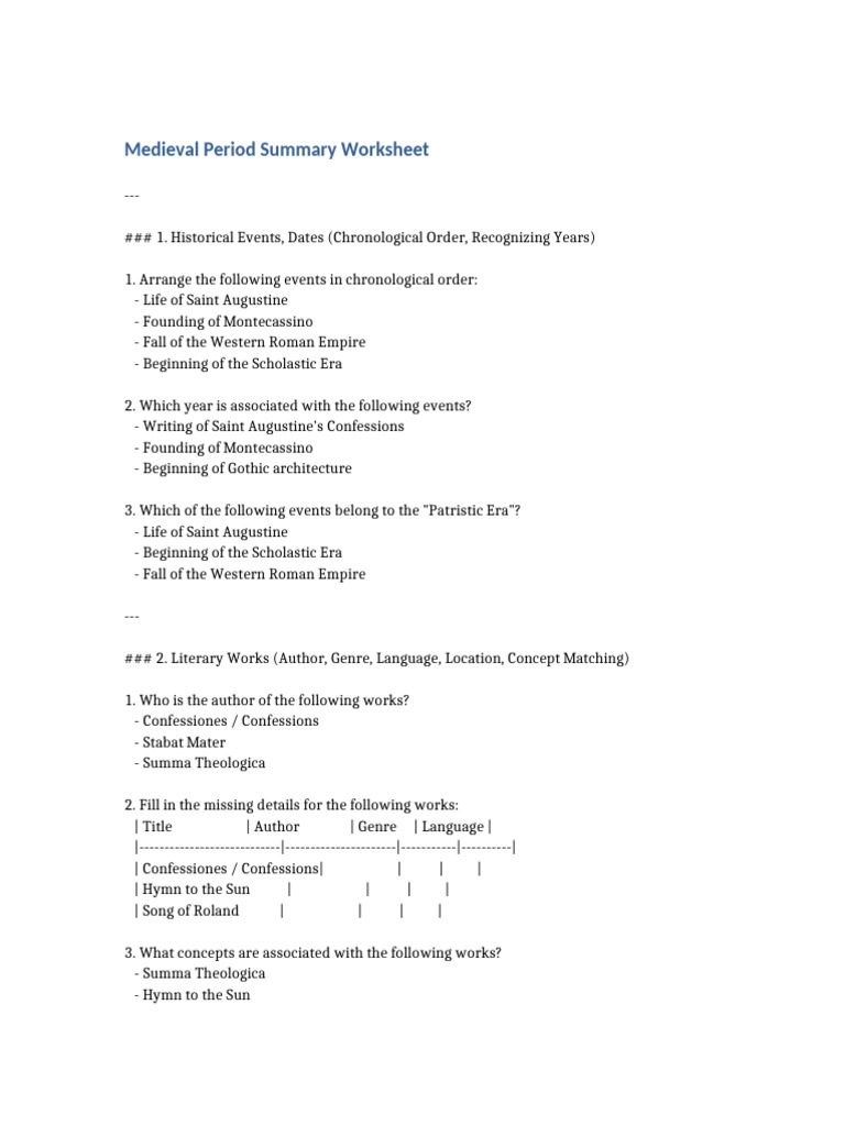 Medieval Worksheet EN | PDF | Confessions (Augustine)