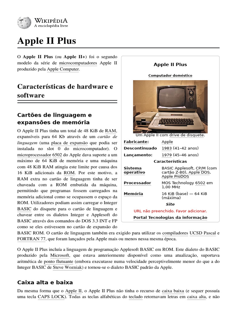 Características do Apple II Plus | PDF | Informática | Hardware de ...