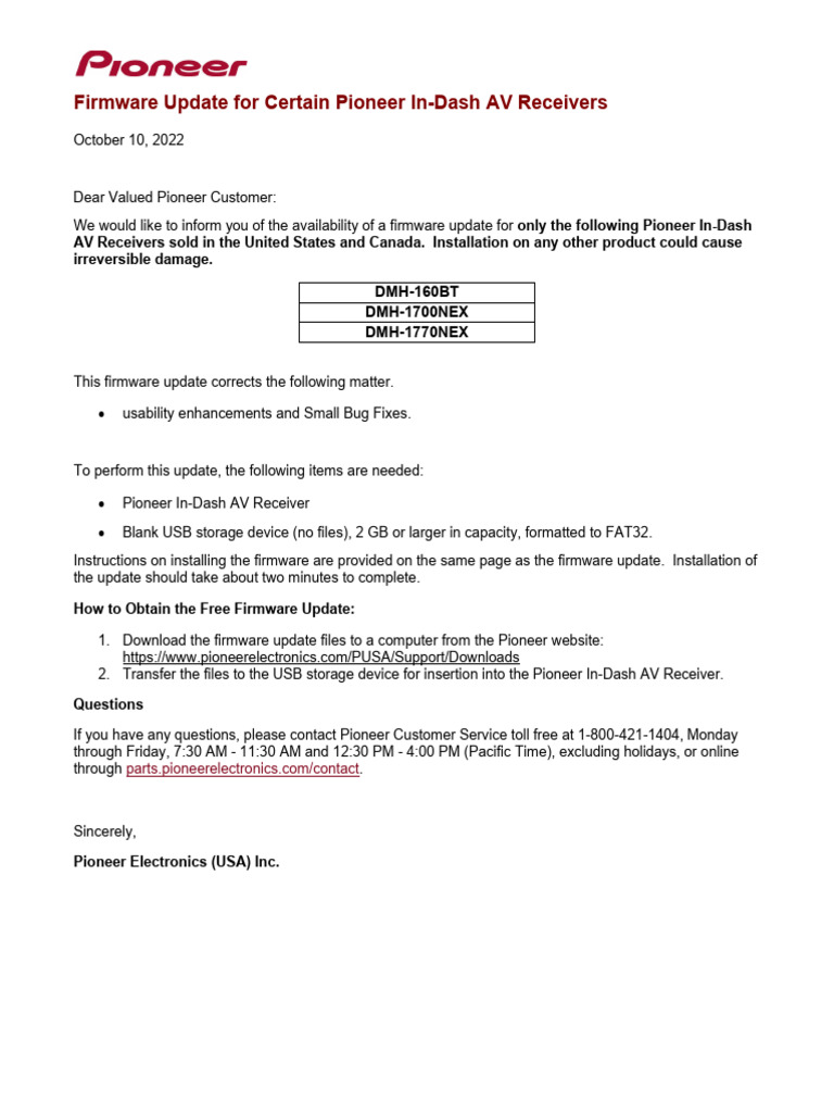 Pioneer AV Receiver Firmware Update | PDF