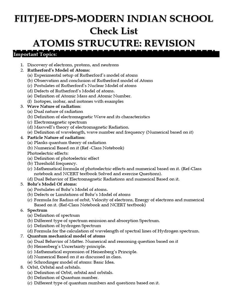 Atomic Structure Checklist | PDF | Atomic Orbital | Atoms