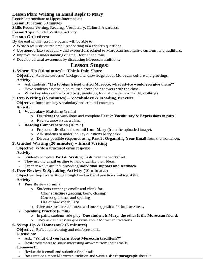 Lesson Plan a reply email | PDF | Vocabulary | Peer Review