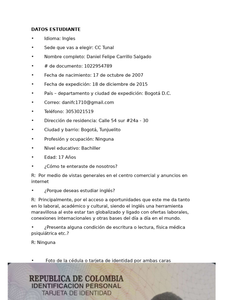 Datos de Inscripción de Estudiante de Inglés | PDF