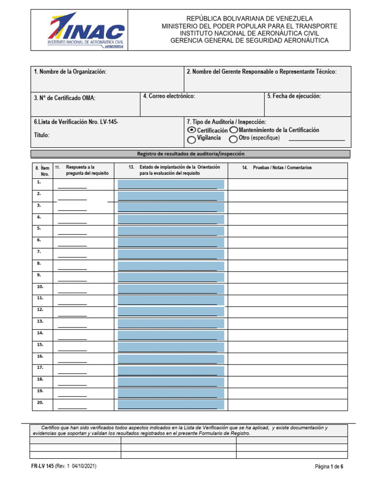Formulario de Registro FR-LV145 Genérico | PDF | Auditoría