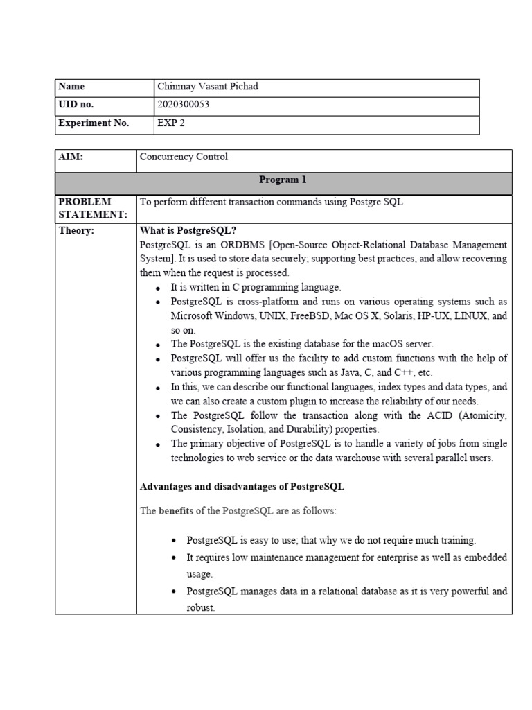 ADBMS EXP2 Chinmay | PDF | Postgre Sql | Database Transaction