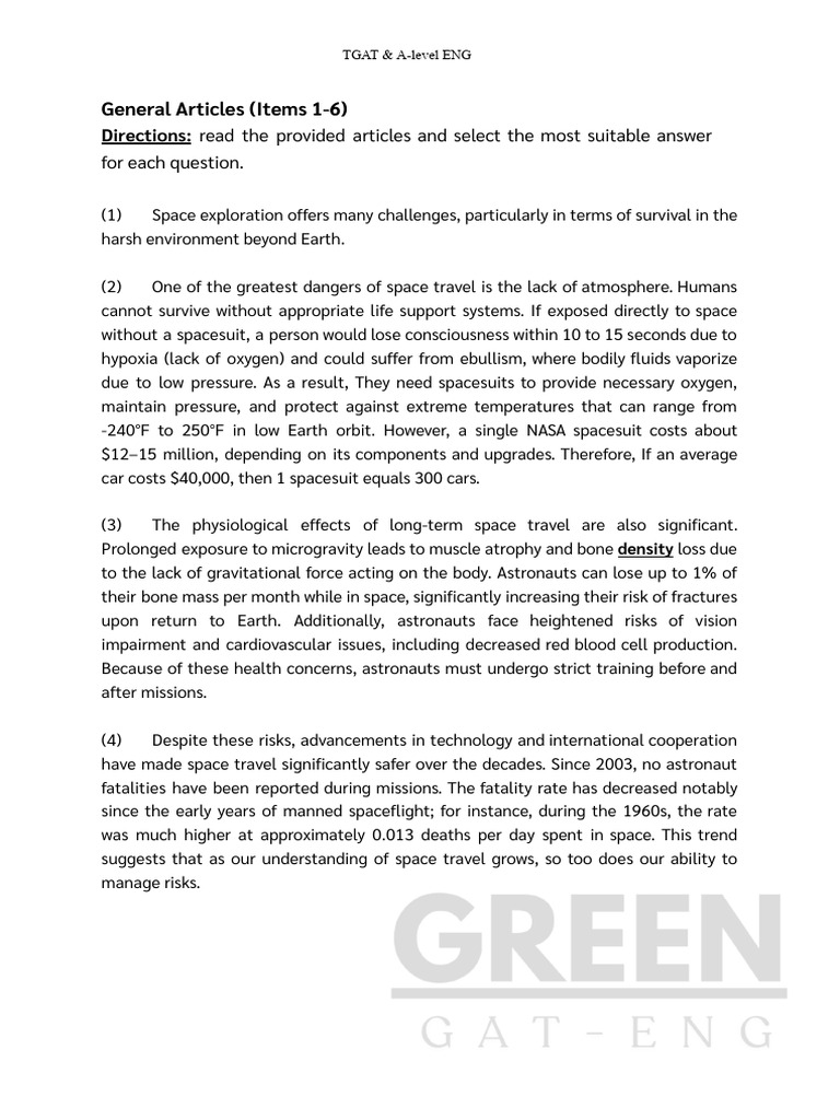 Space Traveling - Reading Tgat & A-Level ENG | PDF | Space Suit | Human ...