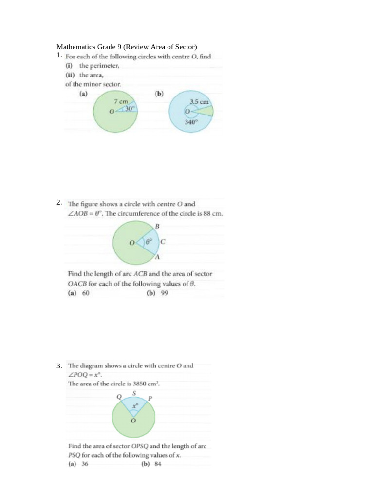 Grade 9 Math: Area of Sector Review | PDF